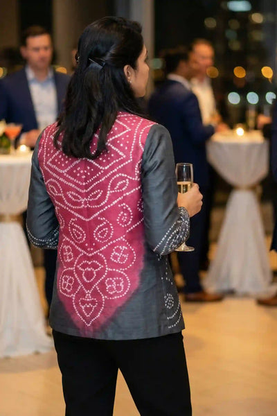 *PRE ORDER* Carbon Grey Bandhani Dola Silk Blazer - SSEthnics